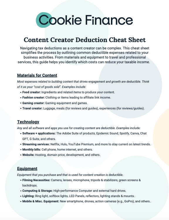 Cookie Finance | Deduction Cheat Sheet